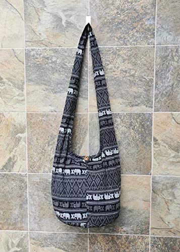 BTP! Ethnic Elephant Sling Crossbody Shoulder Bag Purse Hippie Hobo Thai Cotton Gypsy Bohemian Small (black)