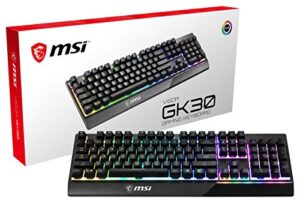 msi vigor gk30 rgb gaming keyboard, 6-zone rgb lighting, water repellent & splash-proof, mechanical-like plunger switches