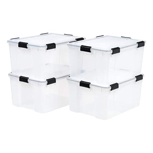 IRIS USA 62.8 Quart Weathertight Plastic Storage Bin Tote Organizing Container with Durable Lid and Seal and Secure Latching Buckles, 4 Pack