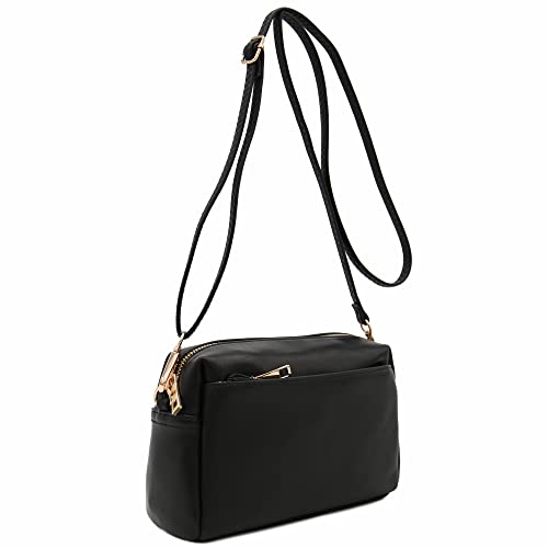 FashionPuzzle Small Triple Zip Crossbody Bag (Black)