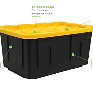 HOMZ 27 Gallon Durabilt Tough Storage Container, Black Base, Yellow Lid, Stackable, 4-Pack