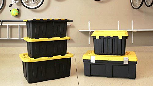 HOMZ 27 Gallon Durabilt Tough Storage Container, Black Base, Yellow Lid, Stackable, 4-Pack