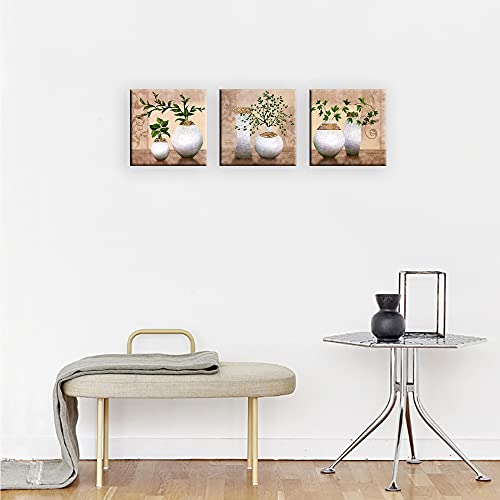 3 Piece Wall Art for Bathroom/Hallway, SZ HD Elegant Canvas Painting Prints of Green Spring Plants in Vases on Beige/Tan Picture (Waterproof Decor, 1" Thick, Bracket Mounted Ready to Hang)