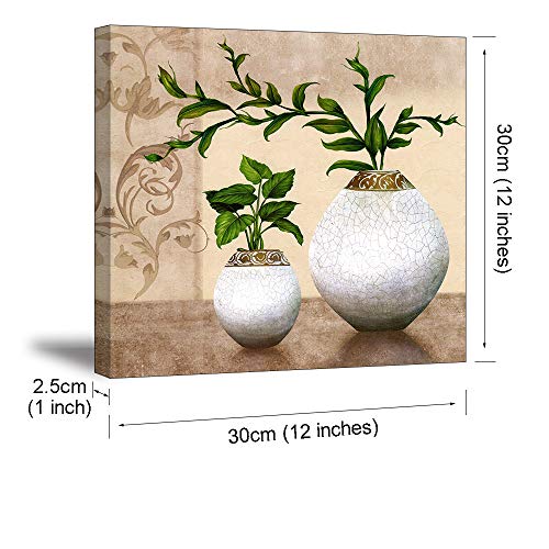 3 Piece Wall Art for Bathroom/Hallway, SZ HD Elegant Canvas Painting Prints of Green Spring Plants in Vases on Beige/Tan Picture (Waterproof Decor, 1" Thick, Bracket Mounted Ready to Hang)