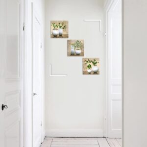 3 Piece Wall Art for Bathroom/Hallway, SZ HD Elegant Canvas Painting Prints of Green Spring Plants in Vases on Beige/Tan Picture (Waterproof Decor, 1" Thick, Bracket Mounted Ready to Hang)