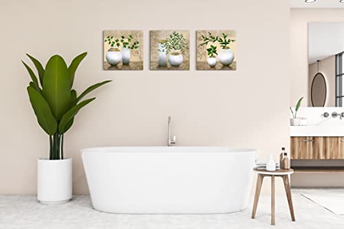 3 Piece Wall Art for Bathroom/Hallway, SZ HD Elegant Canvas Painting Prints of Green Spring Plants in Vases on Beige/Tan Picture (Waterproof Decor, 1" Thick, Bracket Mounted Ready to Hang)