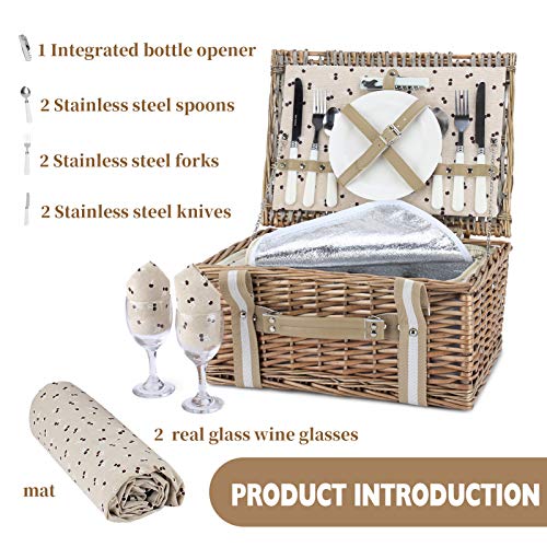 Willow Picnic Basket Set for 2 Persons with Large Insulated Cooler Bag and Waterproof Picnic Blanket,Wicker Picnic Hamper for Camping,Outdoor,Valentine Day,Thanks Giving,Birthday.