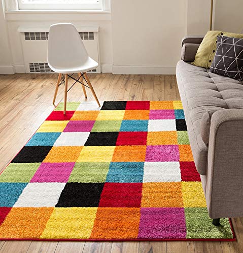 Well Woven Modern Rug Squares Multi Geometric Accent 5' x 7' Area Rug Entry Way Bright Kids Room Kitchn Bedroom Carpet Bathroom Soft Durable Area Rug