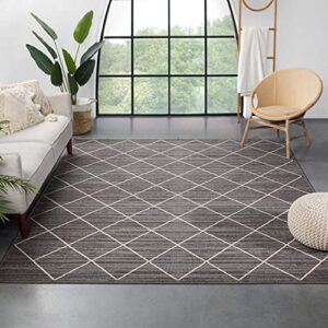 well woven non-slip rubber back (5′ x 7′) diamond lattice print grey thin pile machine washable indoor outdoor area rug