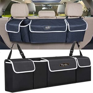 car trunk organizer and storage, backseat hanging organizer for suv, truck, mpv, waterproof, collapsible cargo storage bag with 4 pockets, car interior accessories for men &women, free trunk floor