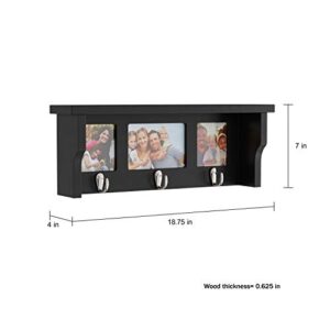 Lavish Home Wall Shelf and Picture Collage with Ledge and 3 Hanging Hooks Frame Decor Shelving with Modern Look, Holds 3 Photos (Black)