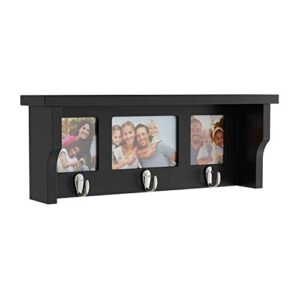 Lavish Home Wall Shelf and Picture Collage with Ledge and 3 Hanging Hooks Frame Decor Shelving with Modern Look, Holds 3 Photos (Black)