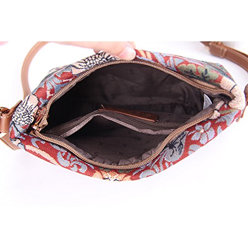 Signare Tapestry Crossbody Purse Small Shoulder Bag for Women with Flower and Bird William Morris Strawberry Thief Red (XB02 -STRD)