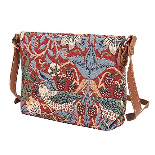 Signare Tapestry Crossbody Purse Small Shoulder Bag for Women with Flower and Bird William Morris Strawberry Thief Red (XB02 -STRD)