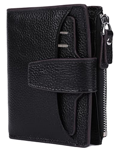 AINIMOER Women's RFID Blocking Leather Small Compact Bi-fold Zipper Pocket Wallet Card Case Purse with id Window (Lichee Black)