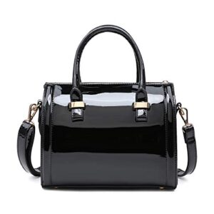 shiny patent faux leather handbags barrel top handle purse satchel bag shoulder bag for women(black)