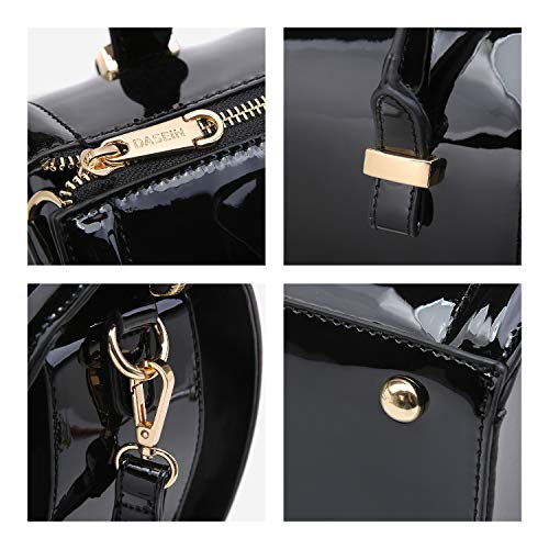 Shiny Patent Faux Leather Handbags Barrel Top Handle Purse Satchel Bag Shoulder Bag for Women(Black)