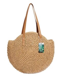 yxqsed round woven bag – summer beach bags straw handwoven singleshoulder with leather handles，zipper（khaki） l