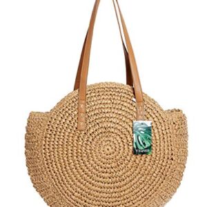 YXQSED Round Woven Bag - Summer Beach Bags Straw Handwoven Singleshoulder with Leather Handles，Zipper（Khaki） L