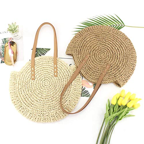 YXQSED Round Woven Bag - Summer Beach Bags Straw Handwoven Singleshoulder with Leather Handles，Zipper（Khaki） L