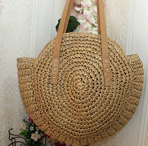 YXQSED Round Woven Bag - Summer Beach Bags Straw Handwoven Singleshoulder with Leather Handles，Zipper（Khaki） L