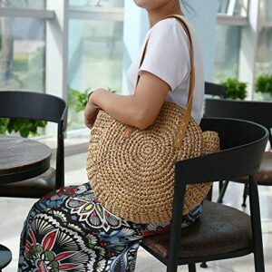 YXQSED Round Woven Bag - Summer Beach Bags Straw Handwoven Singleshoulder with Leather Handles，Zipper（Khaki） L