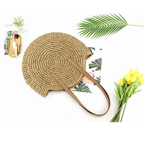 YXQSED Round Woven Bag - Summer Beach Bags Straw Handwoven Singleshoulder with Leather Handles，Zipper（Khaki） L