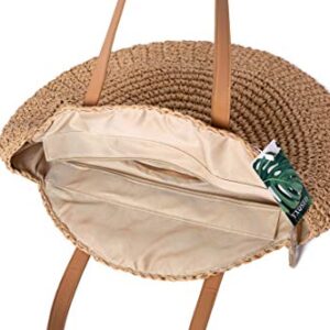 YXQSED Round Woven Bag - Summer Beach Bags Straw Handwoven Singleshoulder with Leather Handles，Zipper（Khaki） L