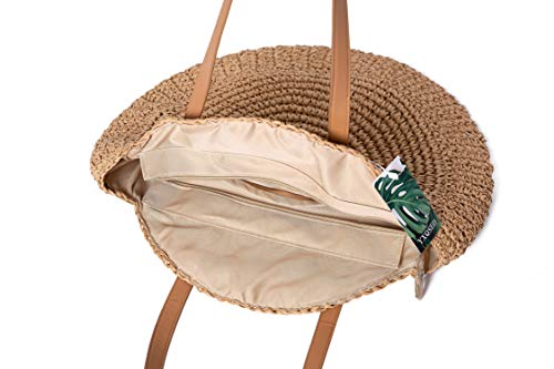 YXQSED Round Woven Bag - Summer Beach Bags Straw Handwoven Singleshoulder with Leather Handles，Zipper（Khaki） L