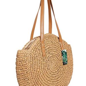 YXQSED Round Woven Bag - Summer Beach Bags Straw Handwoven Singleshoulder with Leather Handles，Zipper（Khaki） L