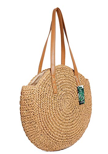 YXQSED Round Woven Bag - Summer Beach Bags Straw Handwoven Singleshoulder with Leather Handles，Zipper（Khaki） L