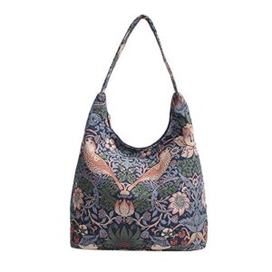 signare tapestry hobo shoulder bag slough purse for women with blue floral william morris strawberry thief design (hobo -stbl)