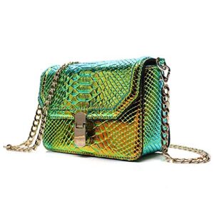 remeehi hologram snake skin leather shoulder bag crossbody bag with chain (hologram green)