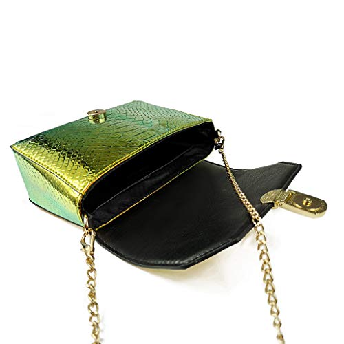 Remeehi Hologram Snake Skin Leather Shoulder Bag Crossbody Bag with Chain (Hologram Green)