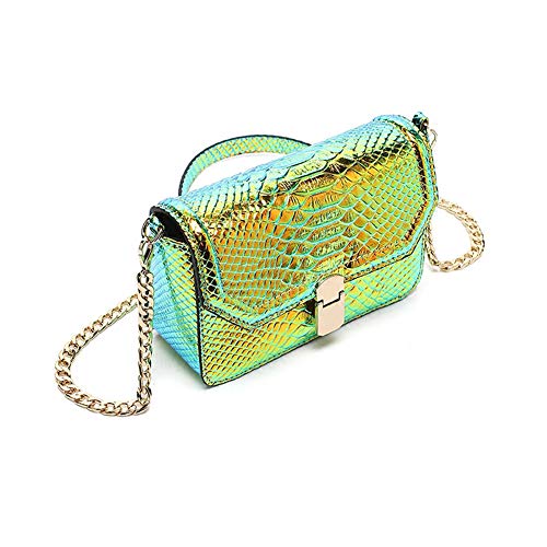 Remeehi Hologram Snake Skin Leather Shoulder Bag Crossbody Bag with Chain (Hologram Green)