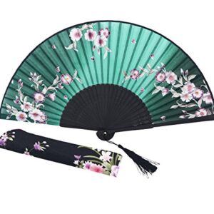 Amajiji® Charming Elegant Modern Woman Handmade Bamboo Silk 8.27" (21cm) Folding Pocket Purse Hand Fan/Chinese Japanese Vintage Retro Style Handheld Folding Fan (Green)