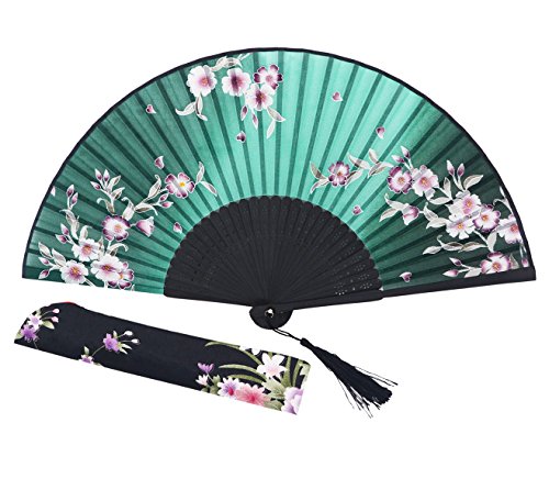 Amajiji® Charming Elegant Modern Woman Handmade Bamboo Silk 8.27" (21cm) Folding Pocket Purse Hand Fan/Chinese Japanese Vintage Retro Style Handheld Folding Fan (Green)