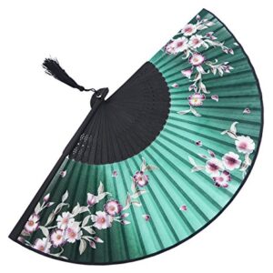 Amajiji® Charming Elegant Modern Woman Handmade Bamboo Silk 8.27" (21cm) Folding Pocket Purse Hand Fan/Chinese Japanese Vintage Retro Style Handheld Folding Fan (Green)