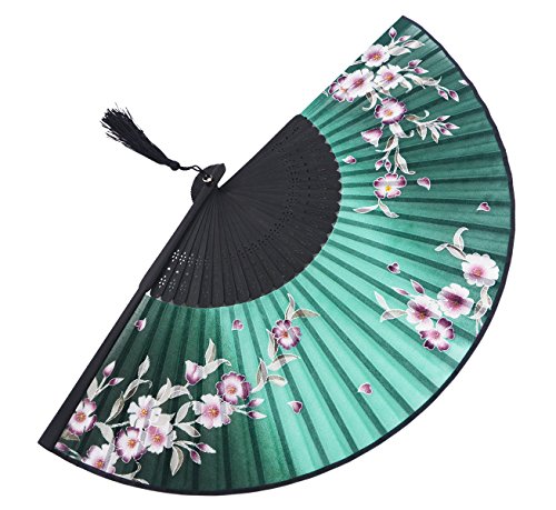 Amajiji® Charming Elegant Modern Woman Handmade Bamboo Silk 8.27" (21cm) Folding Pocket Purse Hand Fan/Chinese Japanese Vintage Retro Style Handheld Folding Fan (Green)