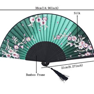 Amajiji® Charming Elegant Modern Woman Handmade Bamboo Silk 8.27" (21cm) Folding Pocket Purse Hand Fan/Chinese Japanese Vintage Retro Style Handheld Folding Fan (Green)