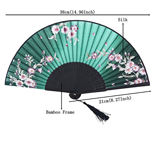 Amajiji® Charming Elegant Modern Woman Handmade Bamboo Silk 8.27" (21cm) Folding Pocket Purse Hand Fan/Chinese Japanese Vintage Retro Style Handheld Folding Fan (Green)