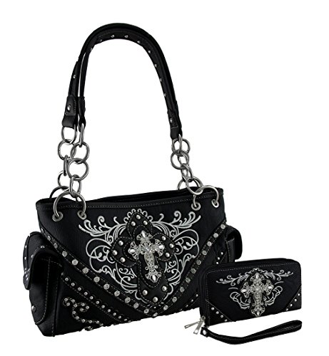 Western Embroidered Concealed Carry Purse/Wallet Set w/Rhinestone Cross