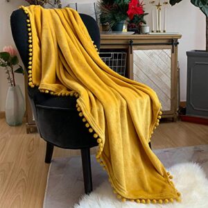 lomao flannel blanket with pompom fringe lightweight cozy bed blanket soft throw blanket fit couch sofa suitable for all season (51×63) (mustard yellow)