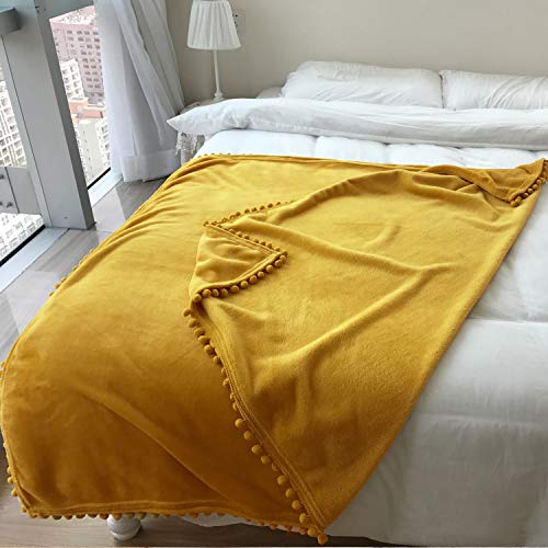 LOMAO Flannel Blanket with Pompom Fringe Lightweight Cozy Bed Blanket Soft Throw Blanket fit Couch Sofa Suitable for All Season (51x63) (Mustard Yellow)