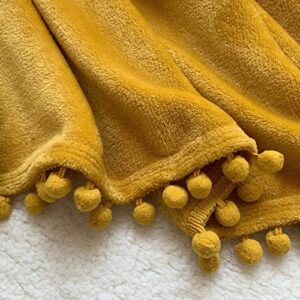 LOMAO Flannel Blanket with Pompom Fringe Lightweight Cozy Bed Blanket Soft Throw Blanket fit Couch Sofa Suitable for All Season (51x63) (Mustard Yellow)