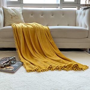 LOMAO Flannel Blanket with Pompom Fringe Lightweight Cozy Bed Blanket Soft Throw Blanket fit Couch Sofa Suitable for All Season (51x63) (Mustard Yellow)