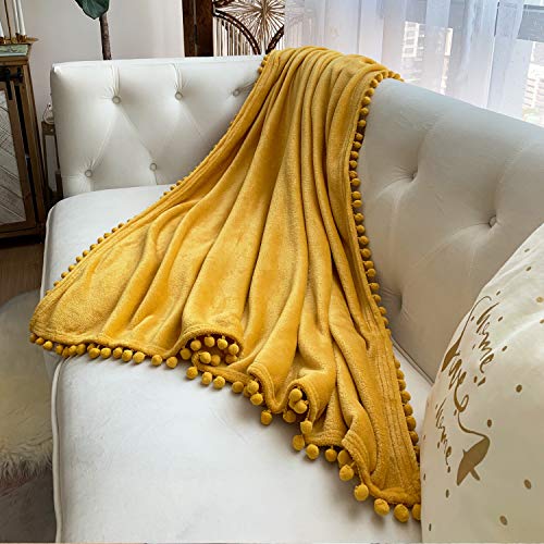 LOMAO Flannel Blanket with Pompom Fringe Lightweight Cozy Bed Blanket Soft Throw Blanket fit Couch Sofa Suitable for All Season (51x63) (Mustard Yellow)