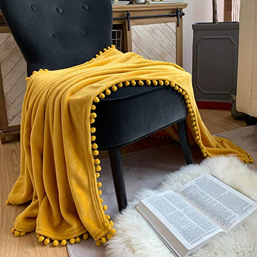 LOMAO Flannel Blanket with Pompom Fringe Lightweight Cozy Bed Blanket Soft Throw Blanket fit Couch Sofa Suitable for All Season (51x63) (Mustard Yellow)