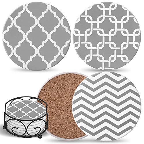 Grey Coasters for Drinks Absorbent - Gray Drink Coasters for Wooden Table - Farmhouse Coasters with Holder - Water Absorbant Rustic Cup Coaster - Tabletop Protection - Ceramic Stone Coasters Set of 6