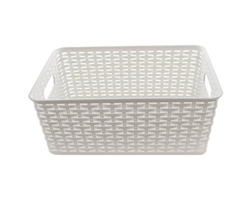 YBM Home Medium Plastic Rattan Storage Box Basket Organizer, Small - White - 1 Pack